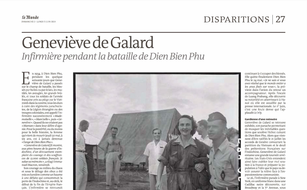 Le Monde : "Geneviève de Galard, « l’ange de Dien Bien Phu », est morte"