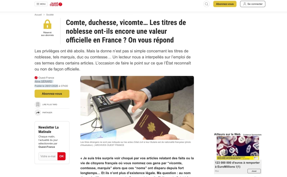 Ouest France: "Count, duchess, viscount... Do titles of nobility still ...
