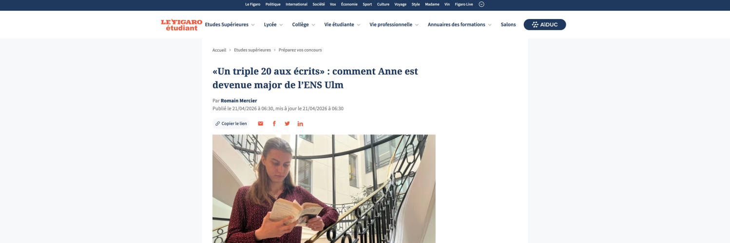Le Figaro étudiant : "«Un triple 20 aux écrits» : comment Anne est ...